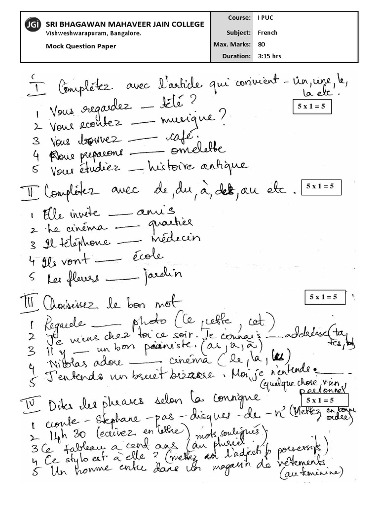 I PUC French Mock Question Paper | PDF