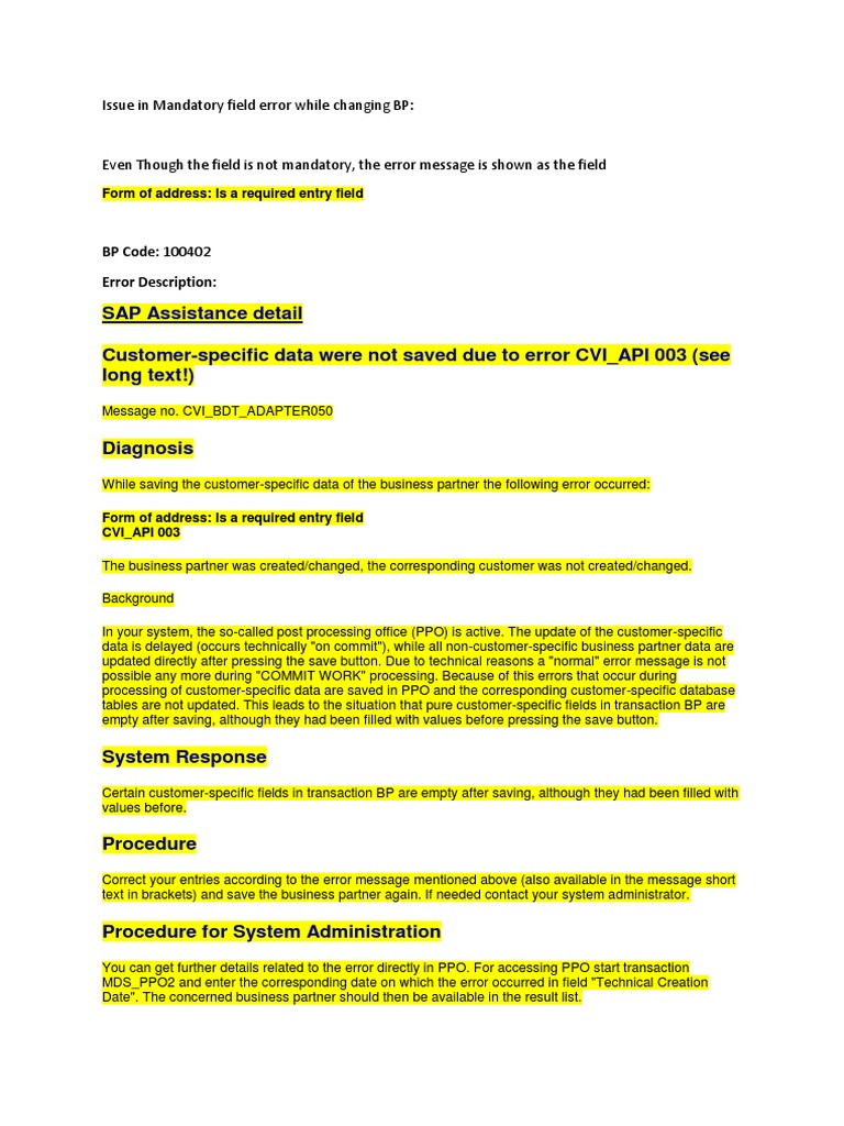 Mandatory Field Error While Changing BP | PDF