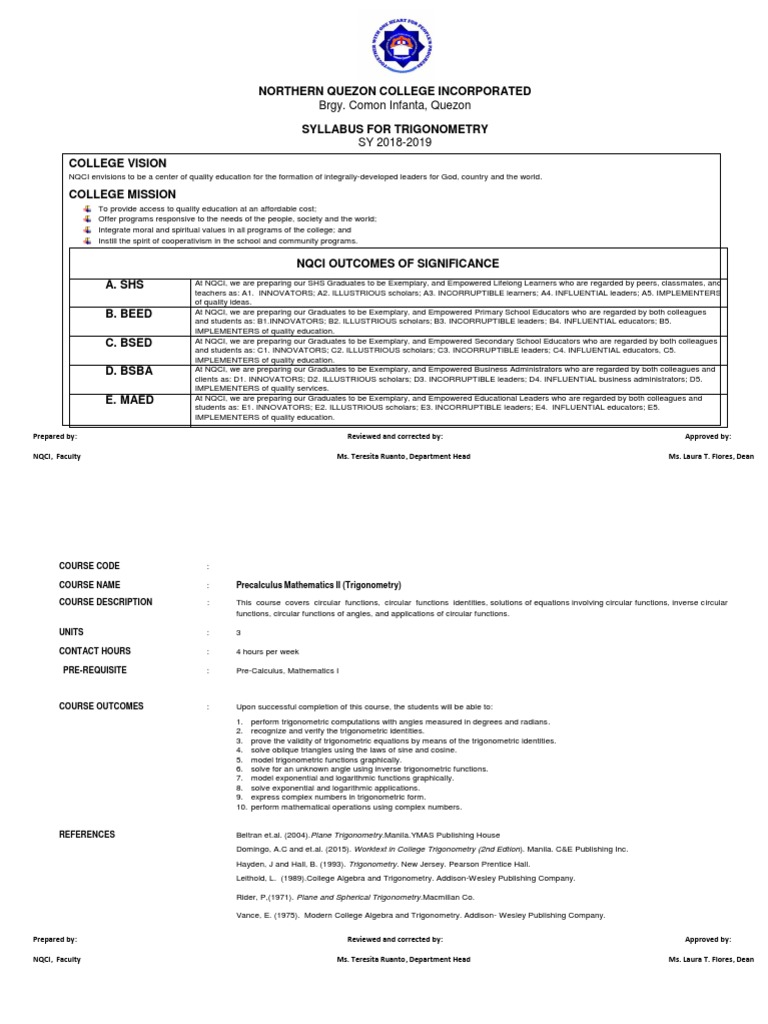 Syllabus For Trigonometry | PDF | Trigonometric Functions | Trigonometry