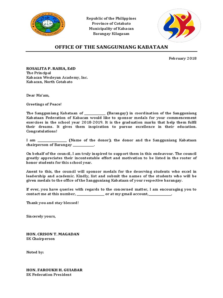 Letter To Sponsor Medals | PDF