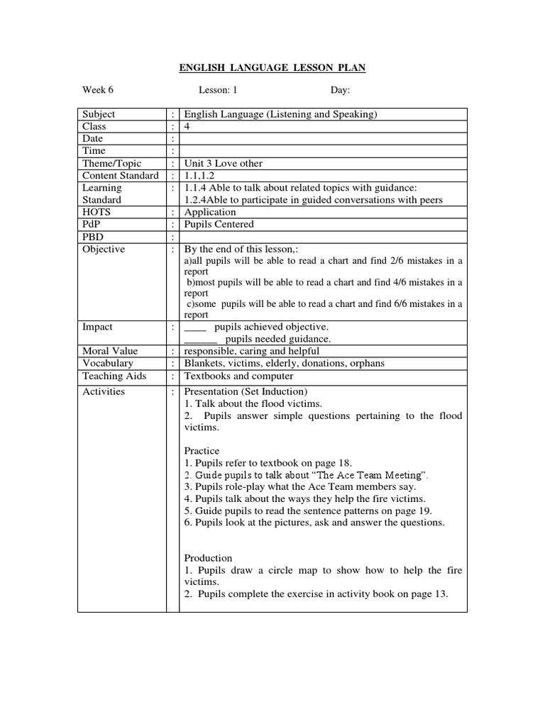 Lesson Plan w6 | PDF | Lesson Plan | English Language