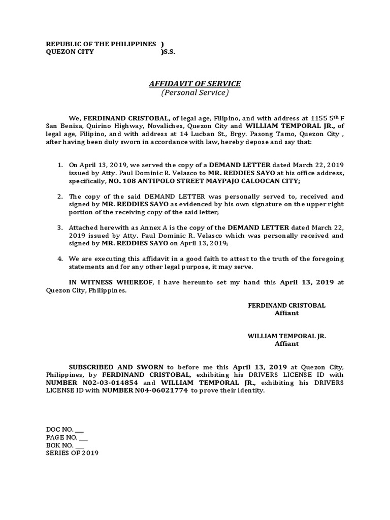 Affidavit of Service Personal Mail | PDF | Legal Communication | Affidavit