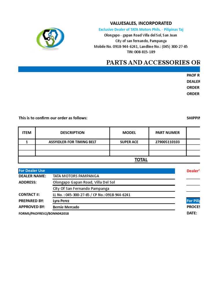 Parts and Accessories Order Form: Valuesales, Incorporated | PDF