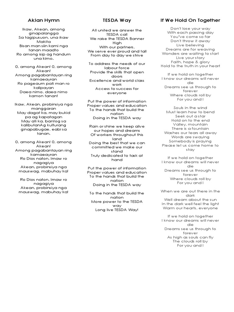 Aklan Hymn and TESDA Way Lyrics | PDF