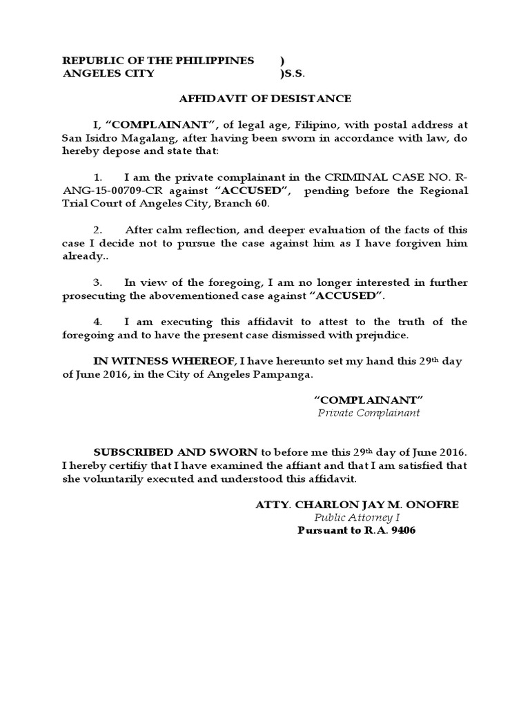 Affidavit of Desistance - Template - 06-16-16 | PDF