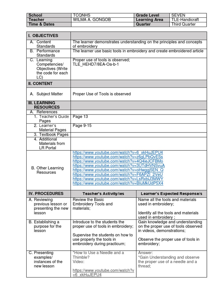 DLL Proper Use of Tools in Embroidery | PDF | Embroidery | Rubric ...