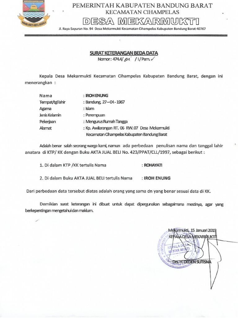 Surat Keterangan Beda Data PDF | PDF