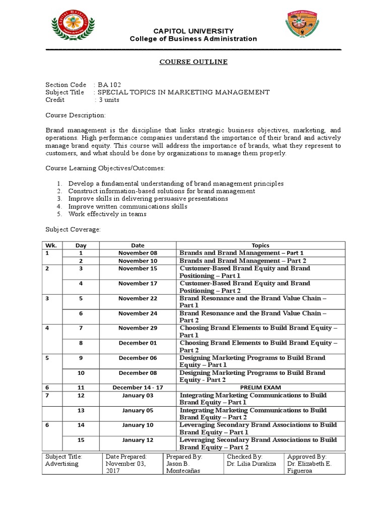 BA 102 Brand Management Course Outline | PDF | Brand | Brand Management