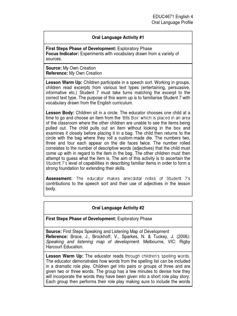Oral Language Activity Template | PDF | Vocabulary | English Language