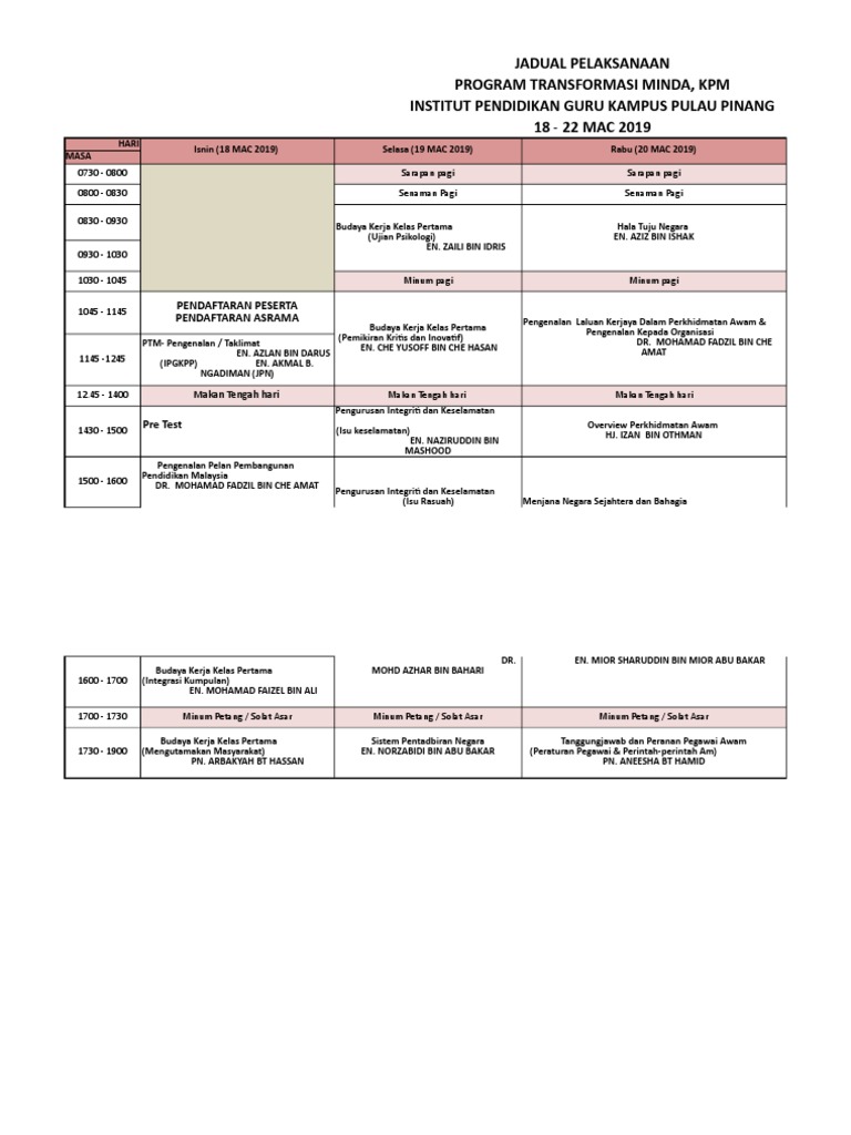 Jadual Program Transformasi Minda | PDF