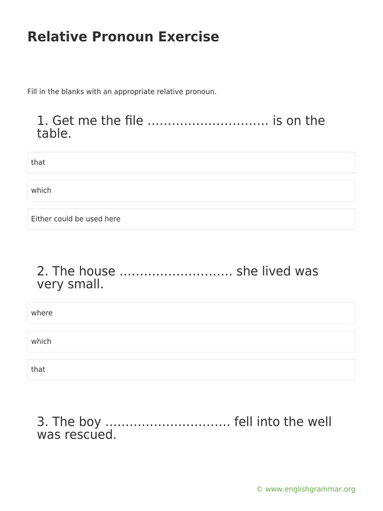 Relative Pronoun Exercise | PDF | Syntax | Grammar