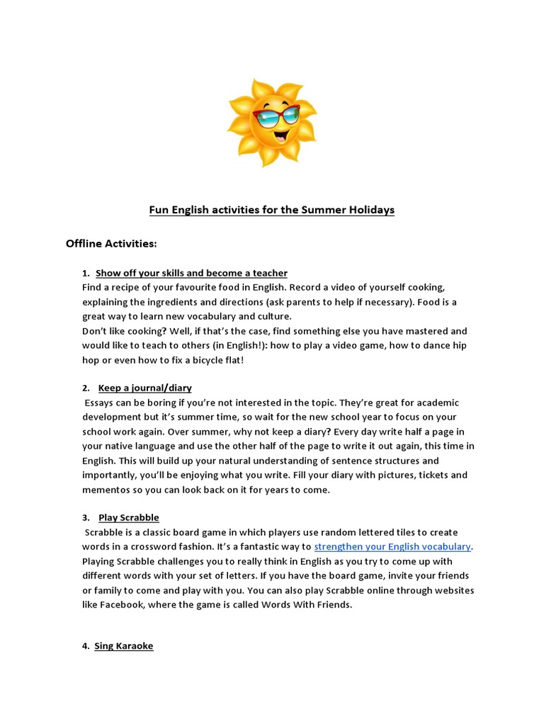 Fun English Activities For The Summer Holidays Offline Activities ...