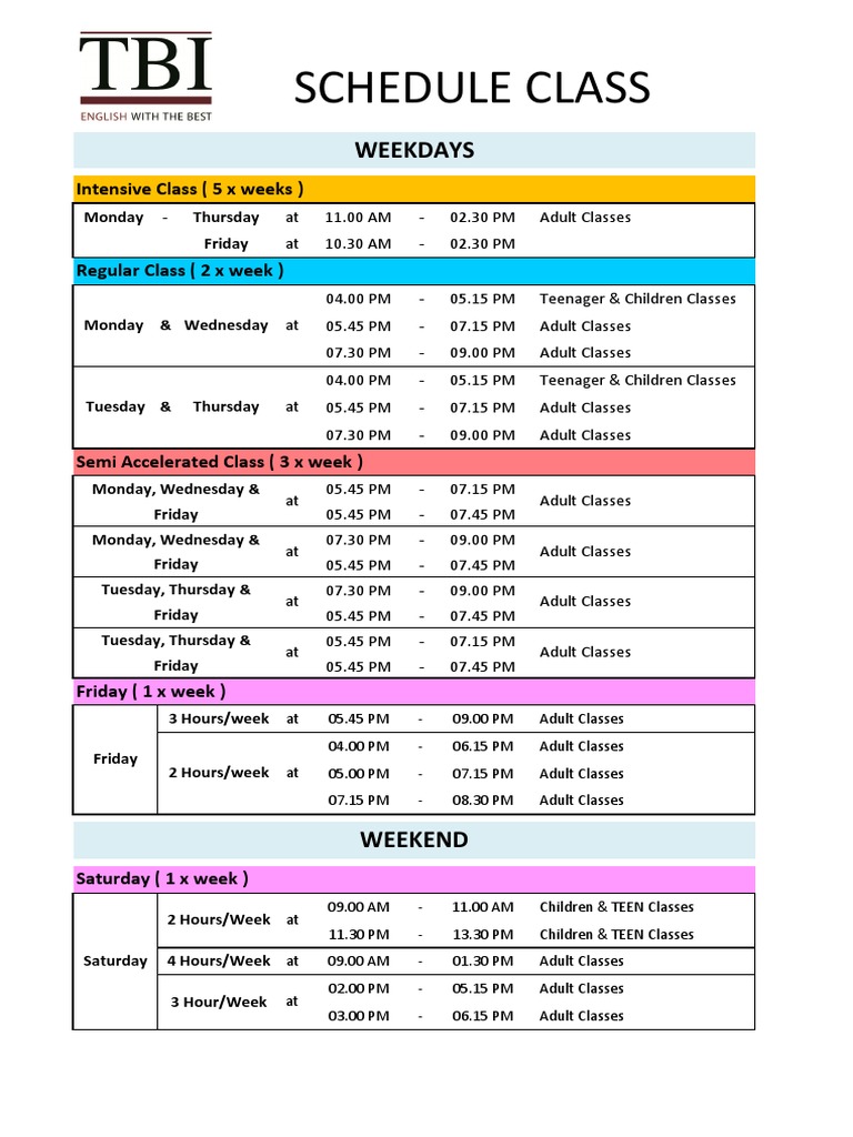 Class Schedule for Weekdays and Weekends Detailing Intensive, Regular ...