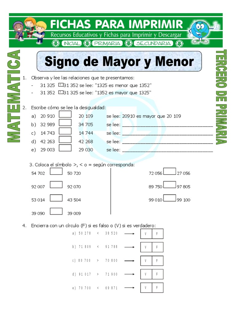 Ficha Signo de Mayor y Menor para Tercero de Primaria | PDF