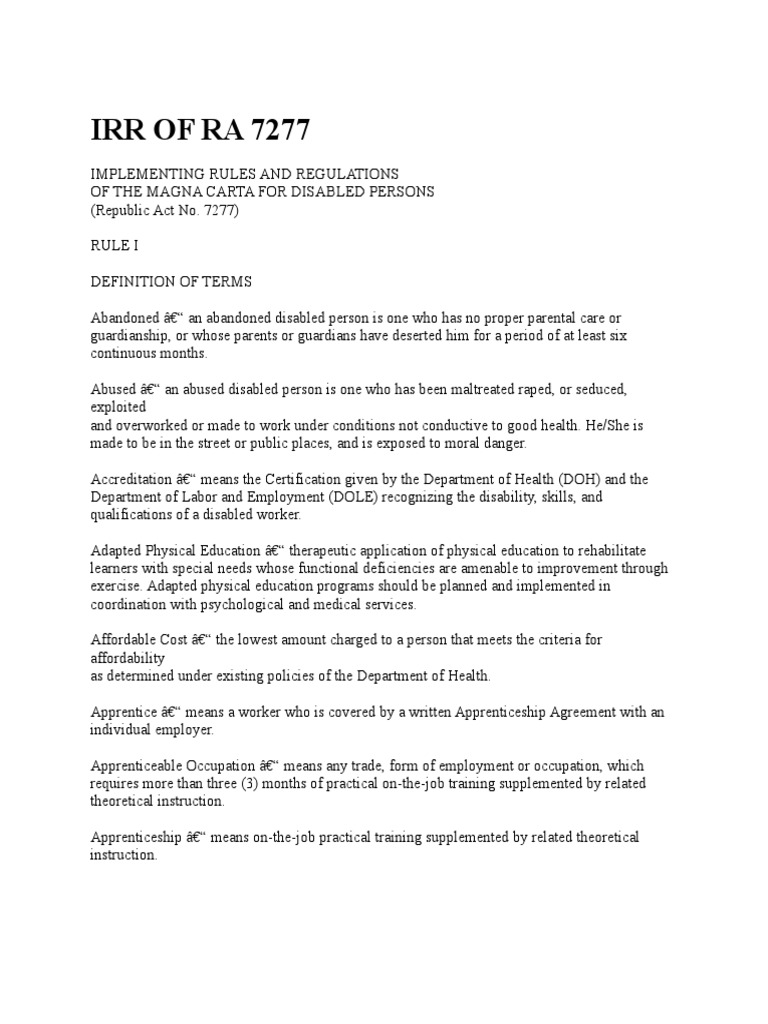 Irr of Ra 7277 | PDF | Special Education | Disability