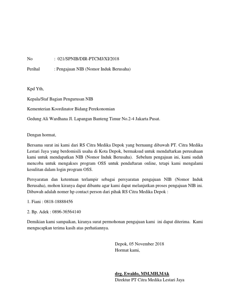 Surat Pengajuan Pembuatan NIB | PDF