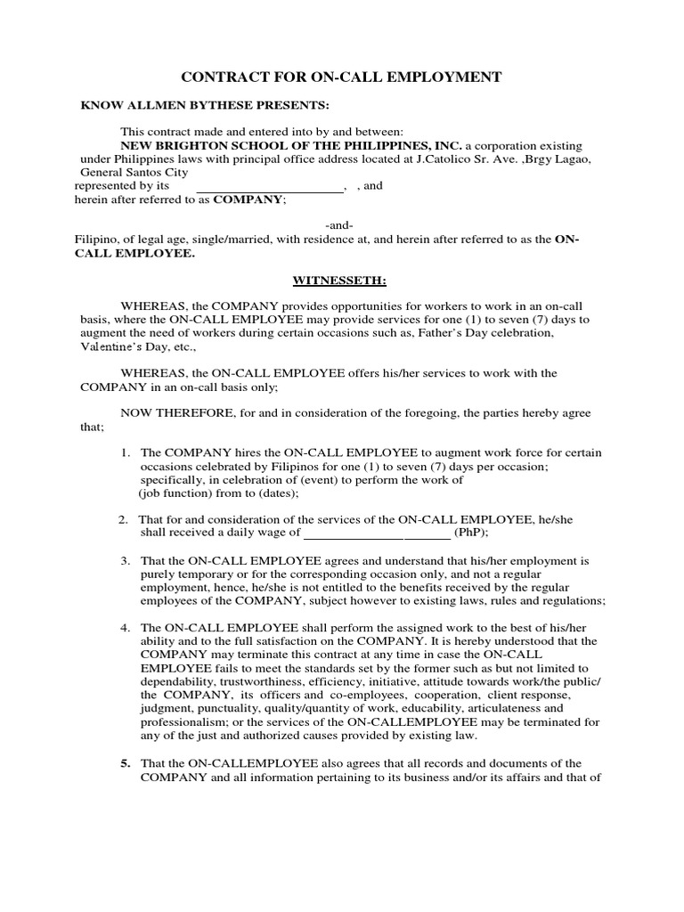 On-Call Employment Contract Template | PDF | Employment | Civil Law ...