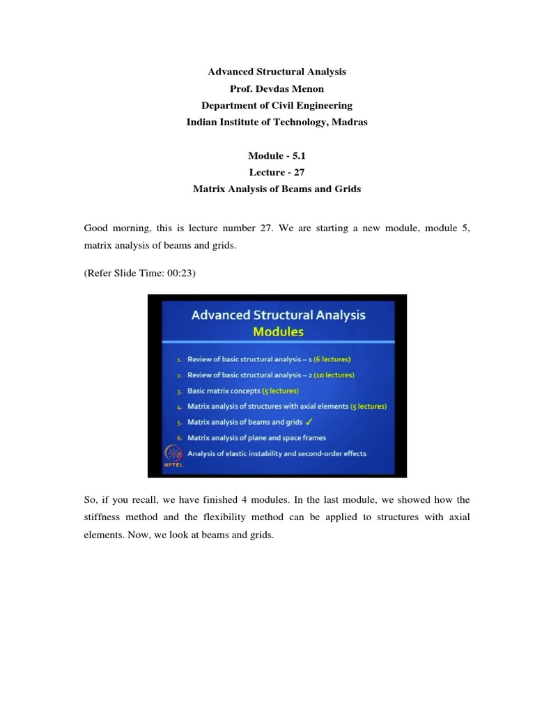 Advanced Structural Analysis Prof. Devdas Menon Department of Civil Engineering Indian Institute ...