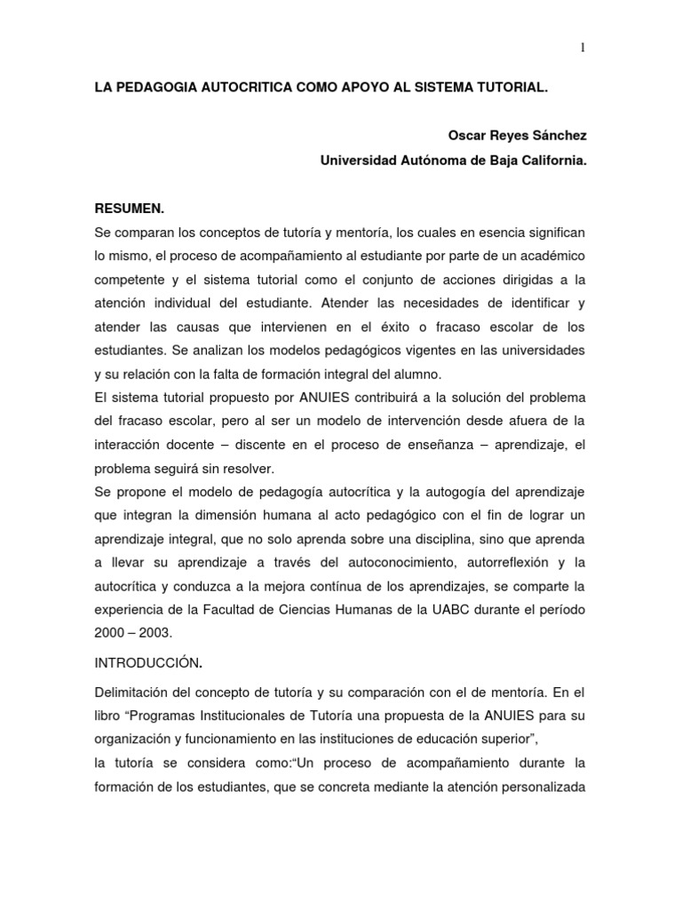 Pedagogía Autocrítica en Tutorías | PDF | Maestros | Pedagogía
