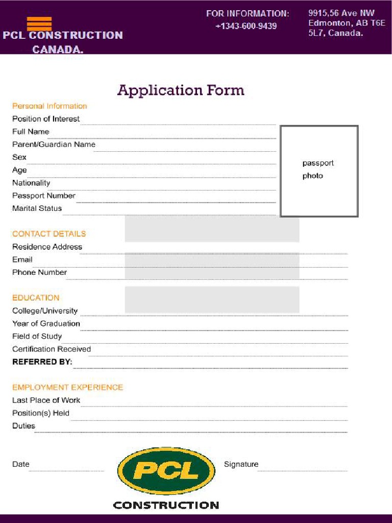 PCL Construction Job Application Form & Online Interview Forms PDF | PDF