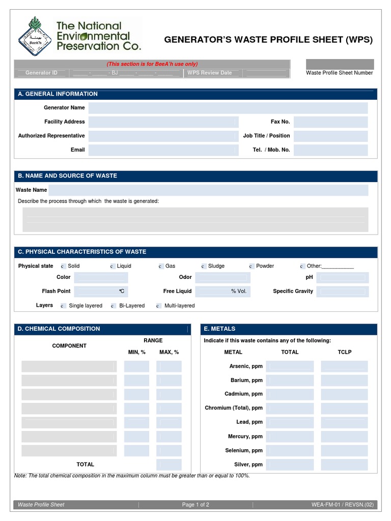 Generator'S Waste Profile Sheet (WPS) : A. General Information ...