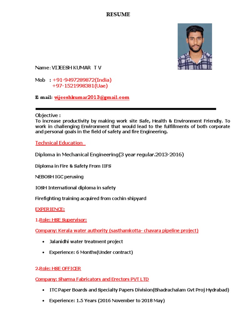 Resume Vijeesh Kumar | PDF | Safety | Occupational Safety And Health