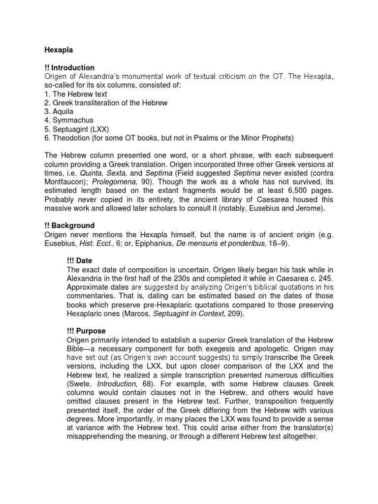 Hexapla PDF | PDF | Septuagint | Origen