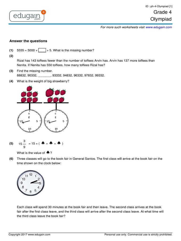 Grade 4 Olympiad: Answer The Questions | PDF | Geometry | Elementary ...