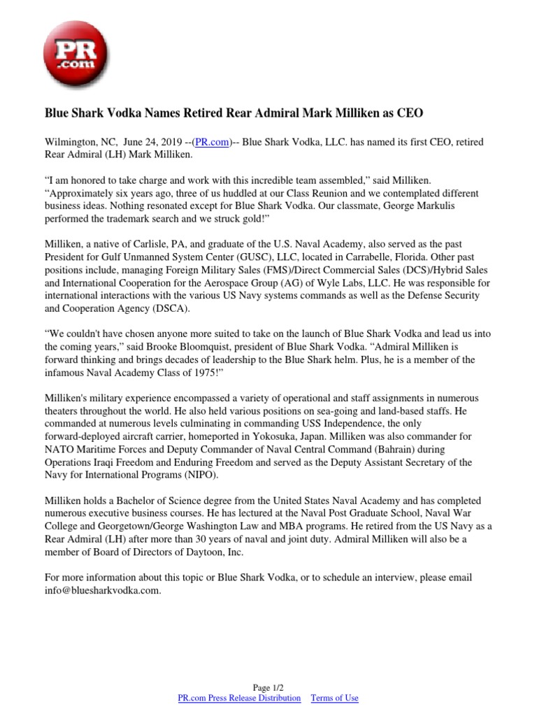 Blue Shark Vodka Names Retired Rear Admiral Mark Milliken As CEO | PDF ...