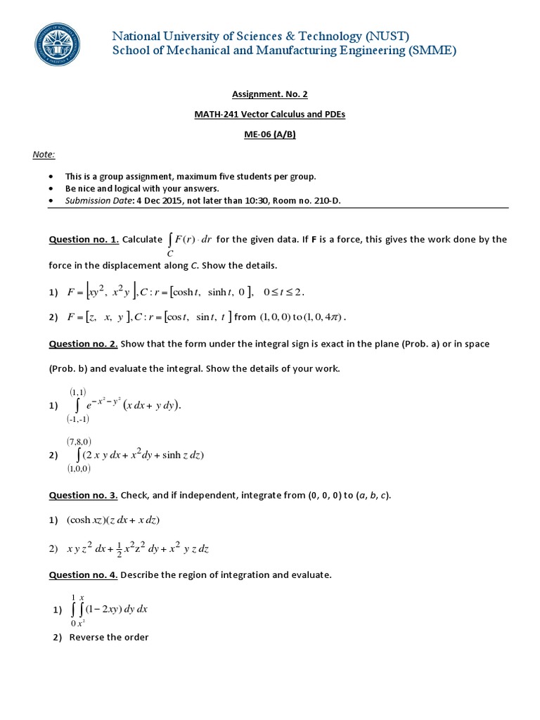NUST SMME Assignment 2: Vector Calculus and PDEs Problems | PDF