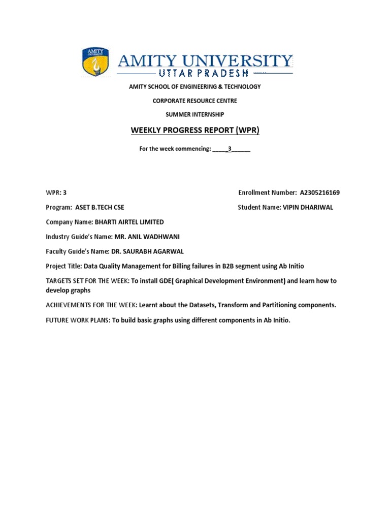 Weekly Progress Report (WPR) : Amity School of Engineering & Technology ...