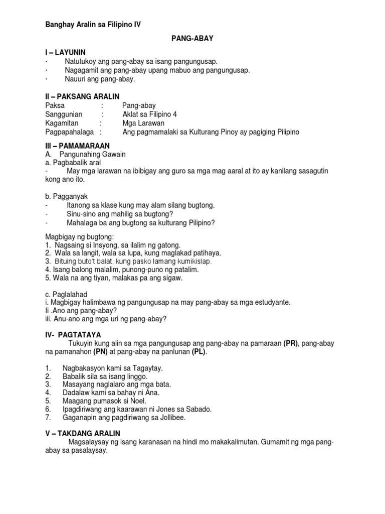 Banghay Aralin Sa Filipino IV (Lesson Plan)