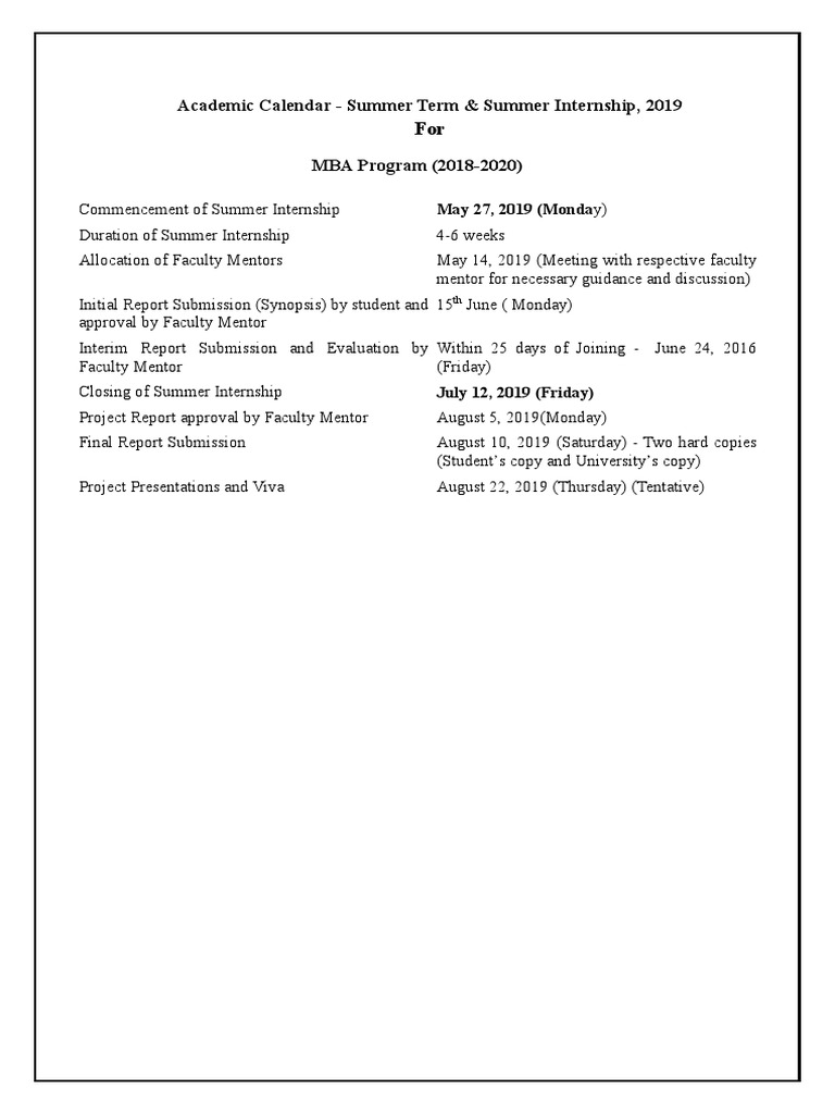 Summer Internship Calendar 2019 | PDF