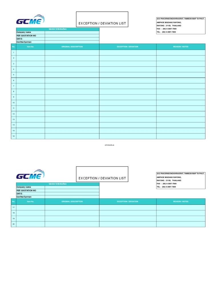 Exception / Deviation List: Vendor Information | PDF