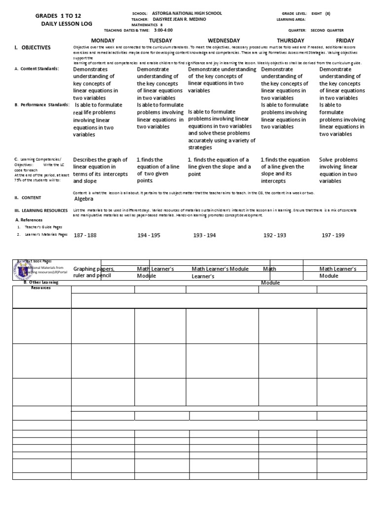 DLL Math 8 | PDF | Equations | Learning