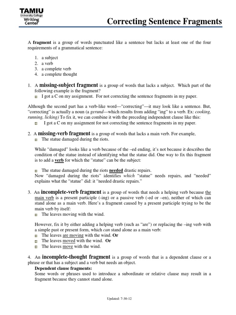Correcting Sentence Fragments Worksheet