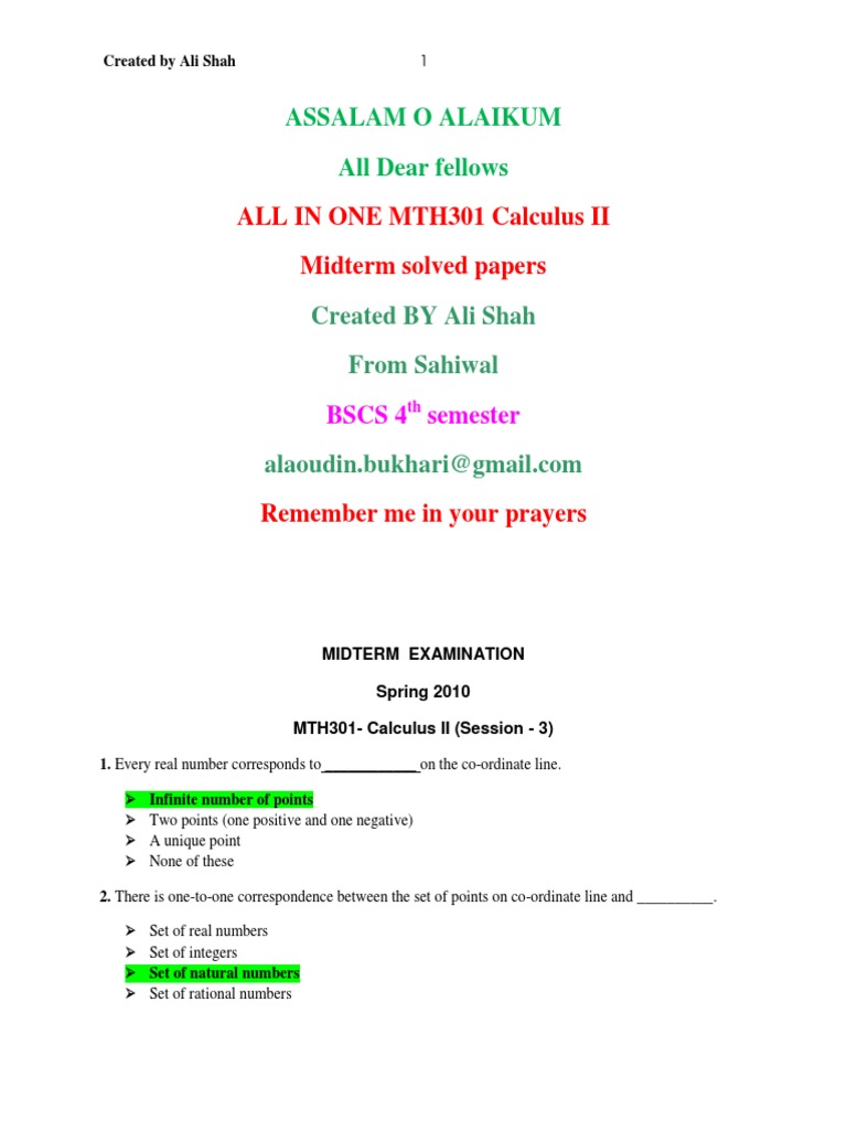 ALL IN ONE MTH301 Calculus II Midterm Solved Papers: Assalam O Alaikum All Dear Fellows | PDF ...