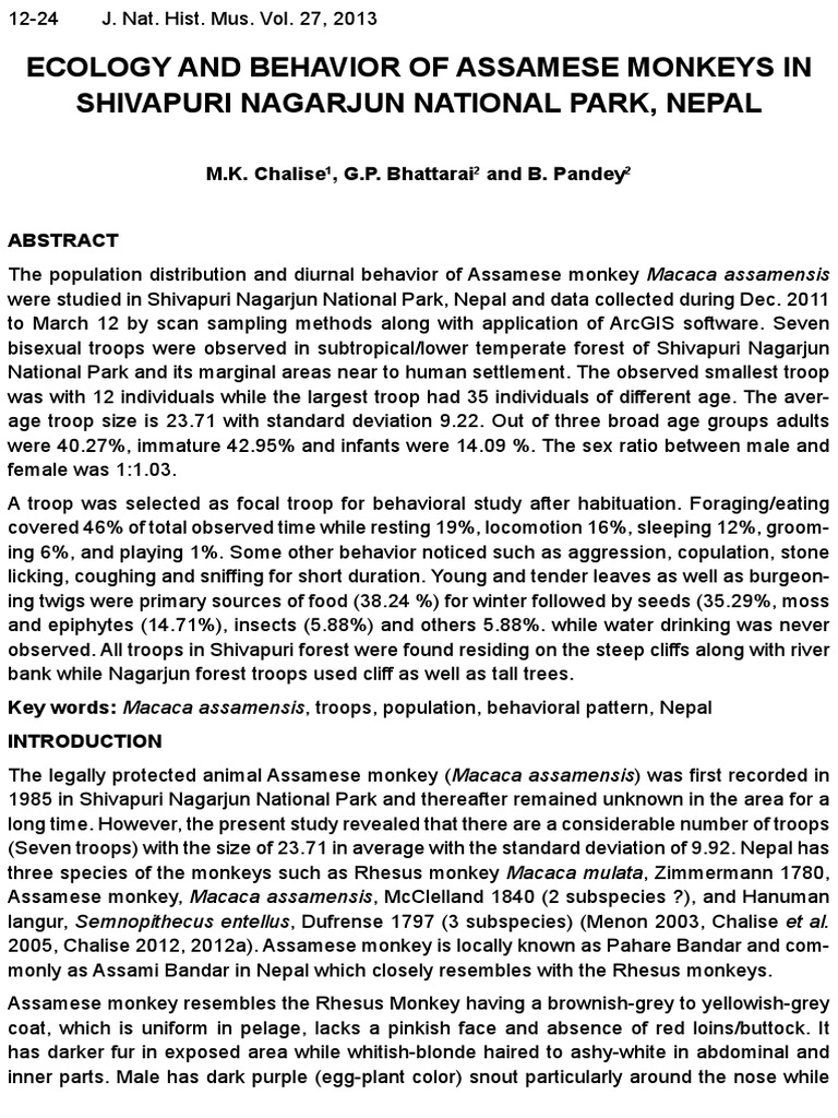 Ecology and Behavior of Assamese Monkeys in Shivapuri Nagarjun National ...