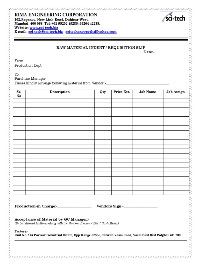 Rima Engineering Corporation: Raw Material Indent / Requisition Slip Date | PDF