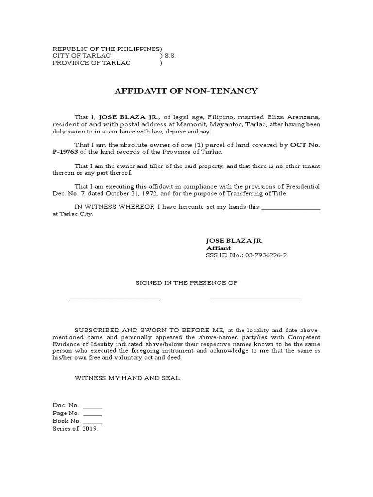 Affidavit of Non-Tenancy - Jose Blaza | PDF