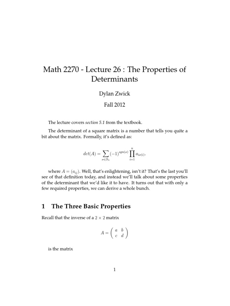 Math 2270 - Lecture 26: The Properties of Determinants | PDF ...
