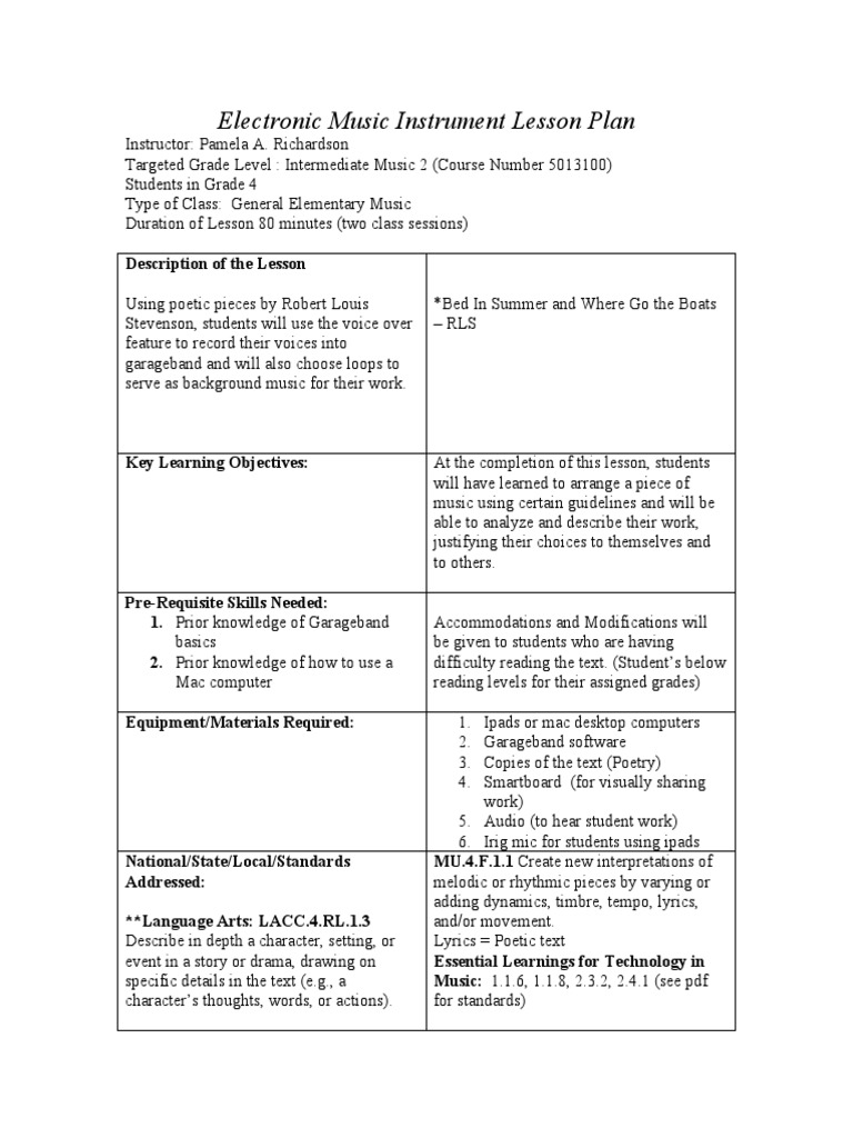 Electronic Music Instrument Lesson Plan | PDF | Garage Band | Lesson Plan