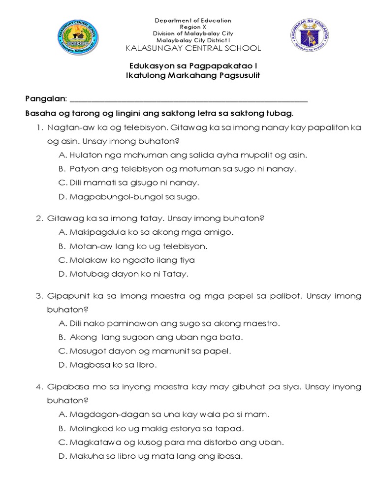 ESP Third Grading Exam 2019 Fanny | PDF