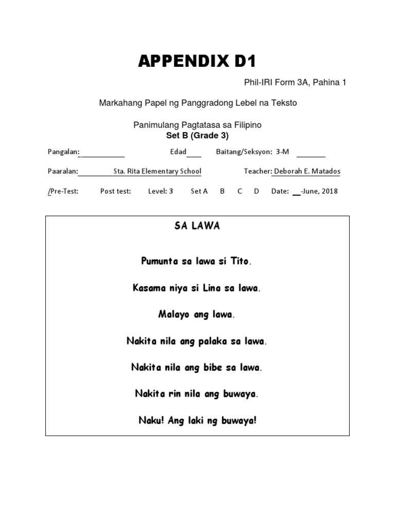 2018 Phil IRI - Grade Level Passages Rating Sheets | PDF