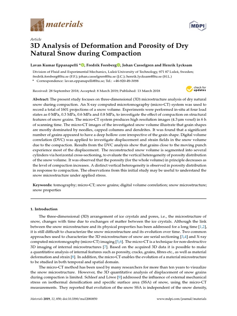 Materials: 3D Analysis of Deformation and Porosity of Dry Natural Snow ...