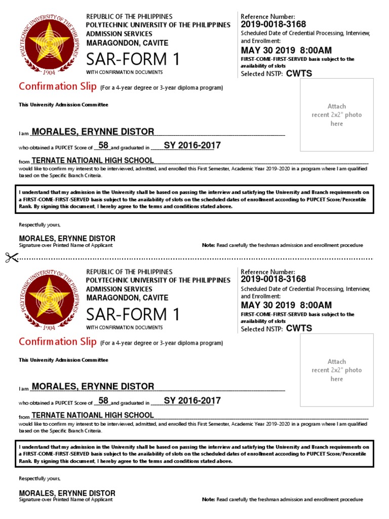 PUP Maragondon Admission SAR Form 1 | PDF | University And College ...