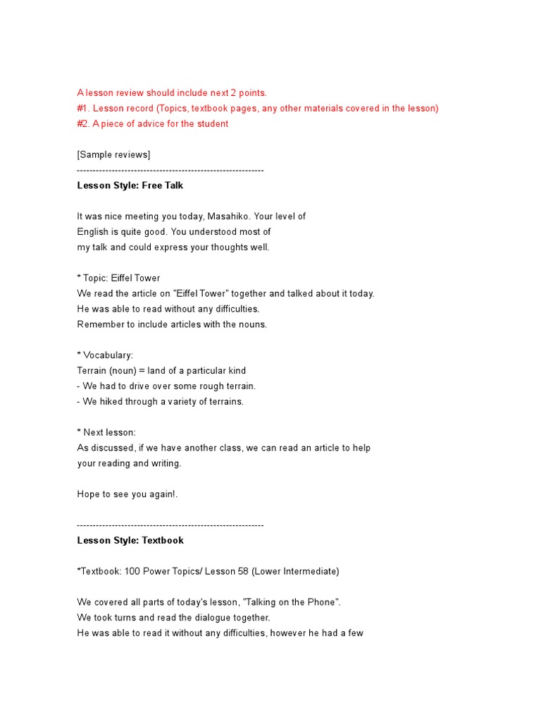 Lesson Review and Advice: Providing Feedback and Tips to Improve ...