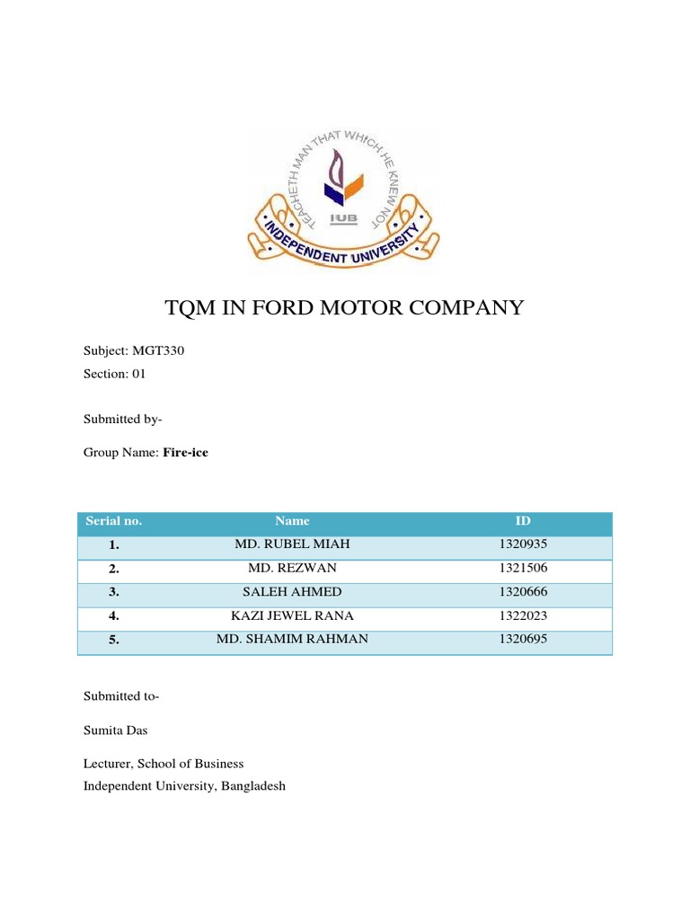 TQM in Ford Motor Company: Serial No. Name ID | PDF | Ford Motor ...