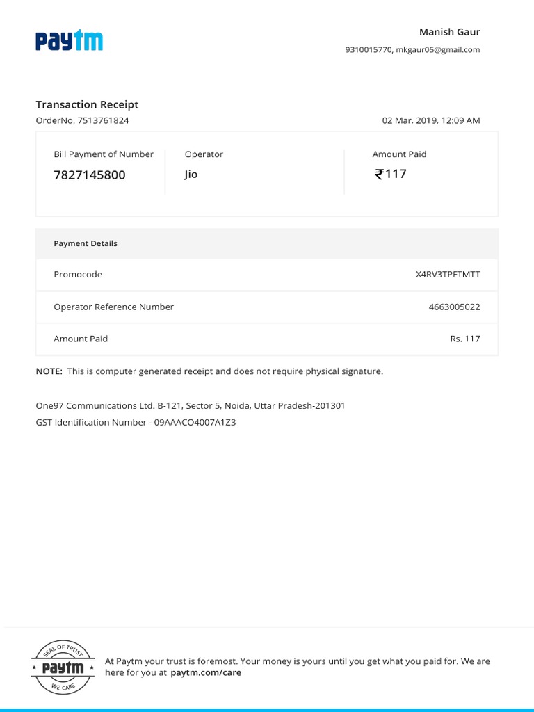 Jio Bill Payment Receipt - Order 7513761824 | PDF | Finance & Money ...