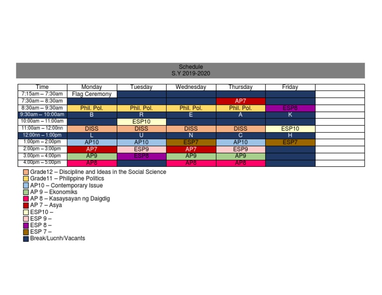 Grade 12 Class Schedule for School Year 2019-2020 | PDF
